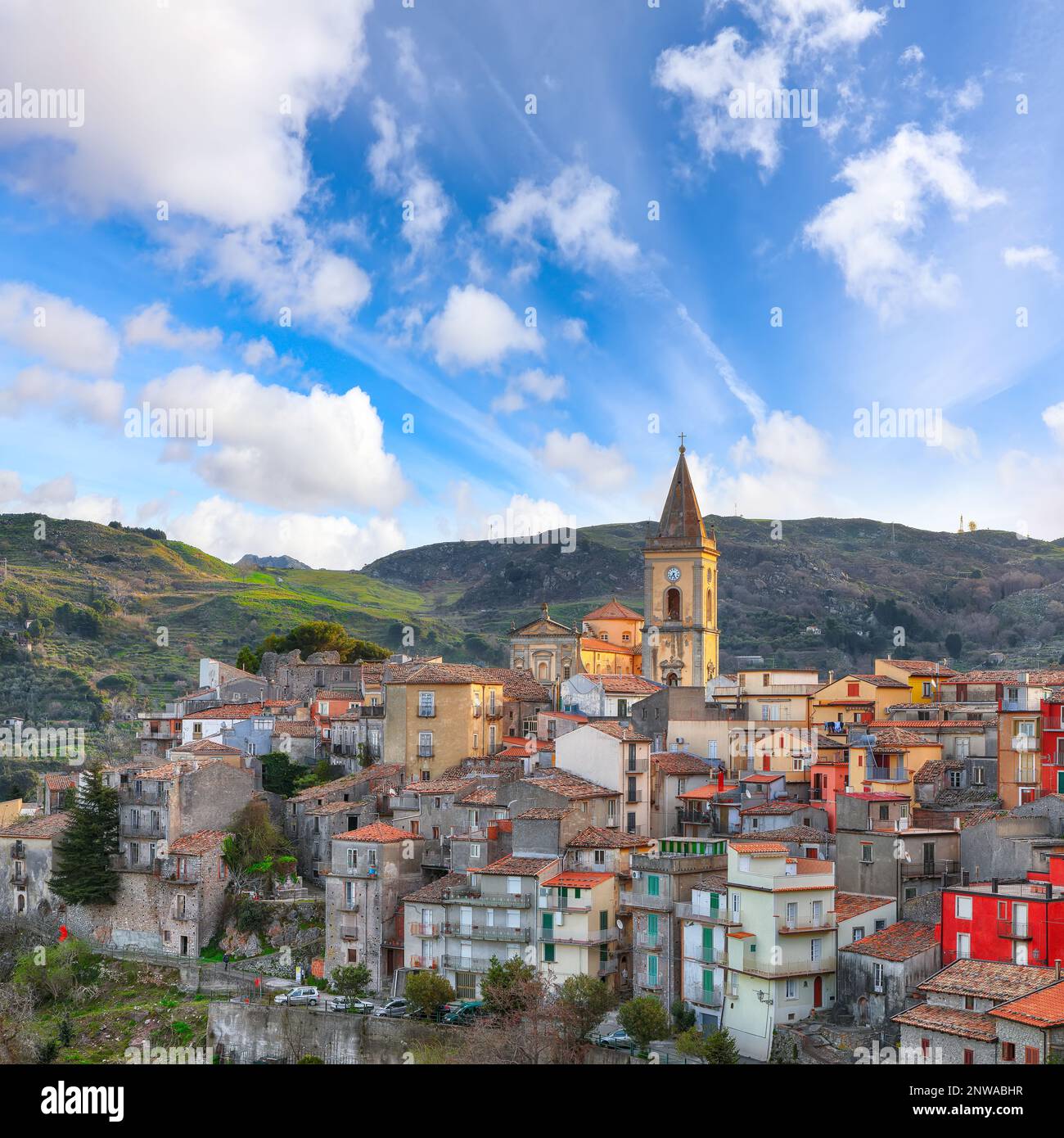 Amazing Panorama of the belltower and the village in the valley at ...