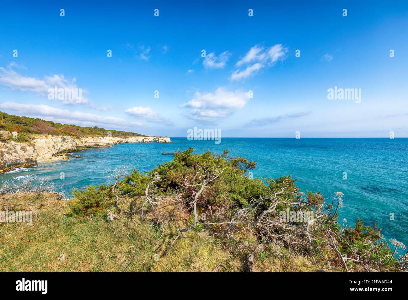 Picturesque seascape with white rocky cliffs, sea bay, islets and ...
