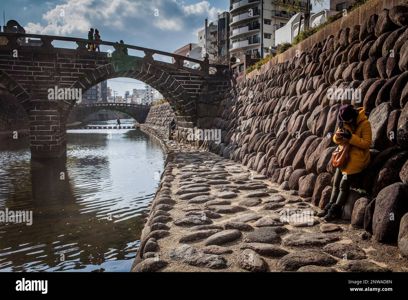 street scene, in background Spectacles Bridge, Nagasaki, Japan Stock ...