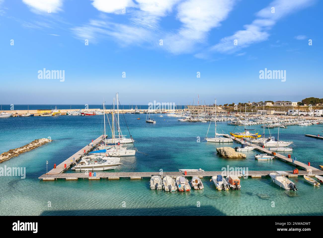 Breathtaking view on harbour of Otranto in Italy with lots of boats and ...