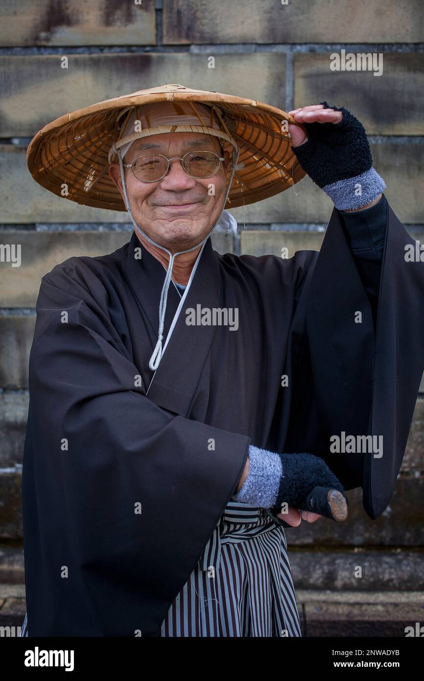 Museum guide in the uniform of a former guardian,Dejima museum,Nagasaki ...