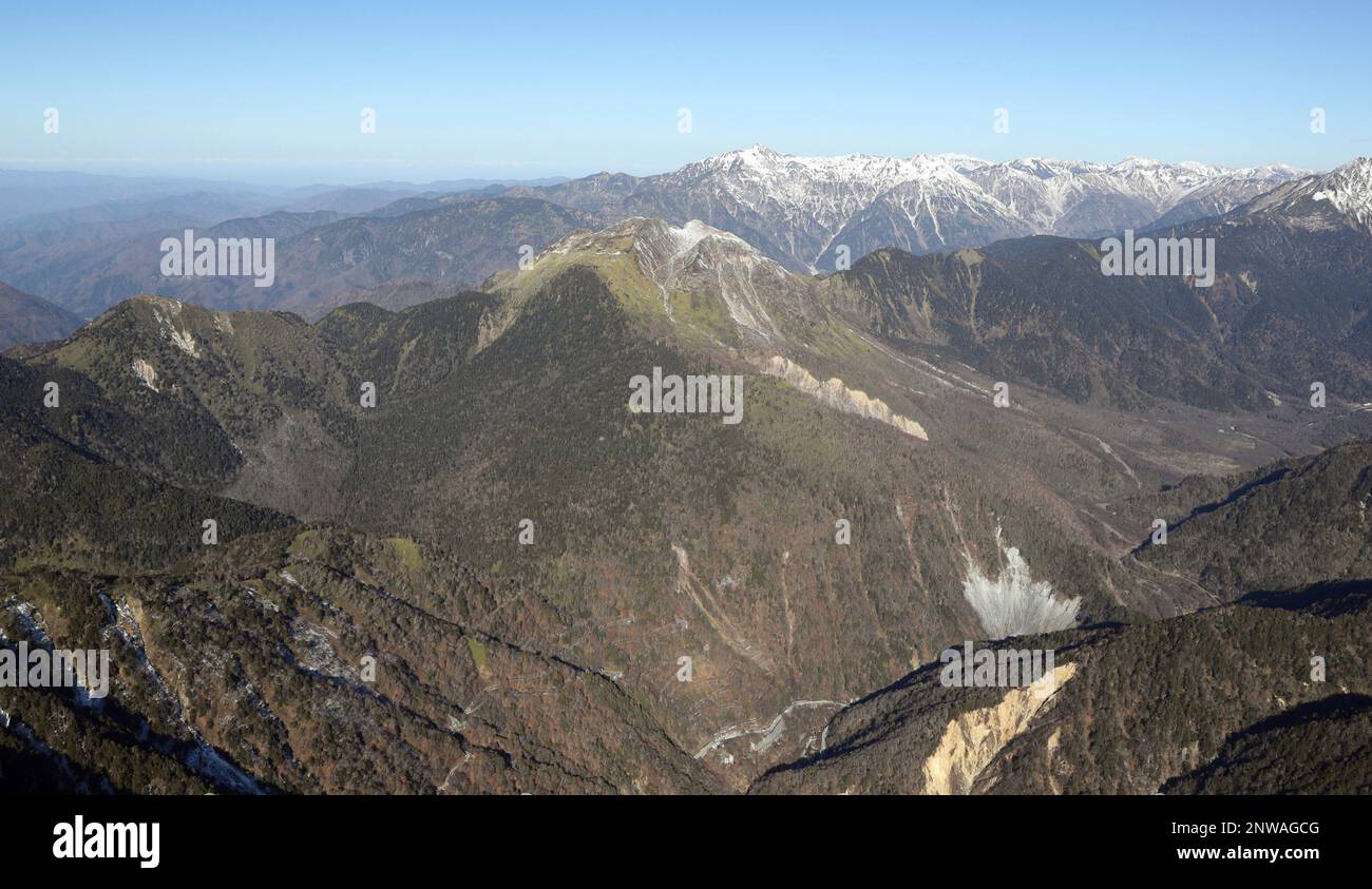 An aerial photo shows Mount Yake, Yakedake, lying between Nagano and ...