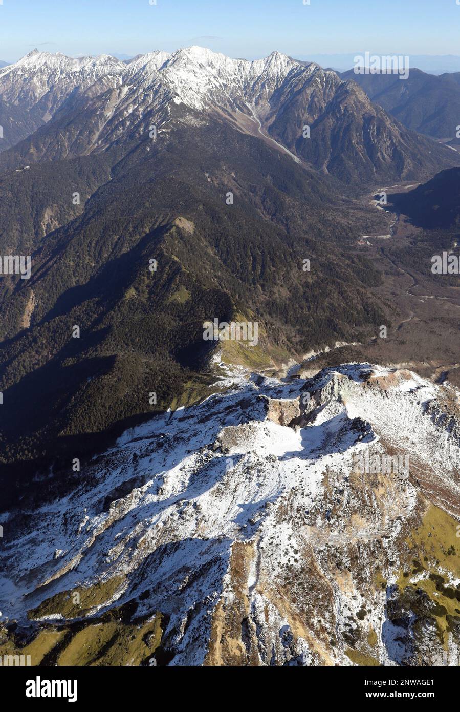 An aerial photo shows Mount Yake, Yakedake, lying between Nagano and ...