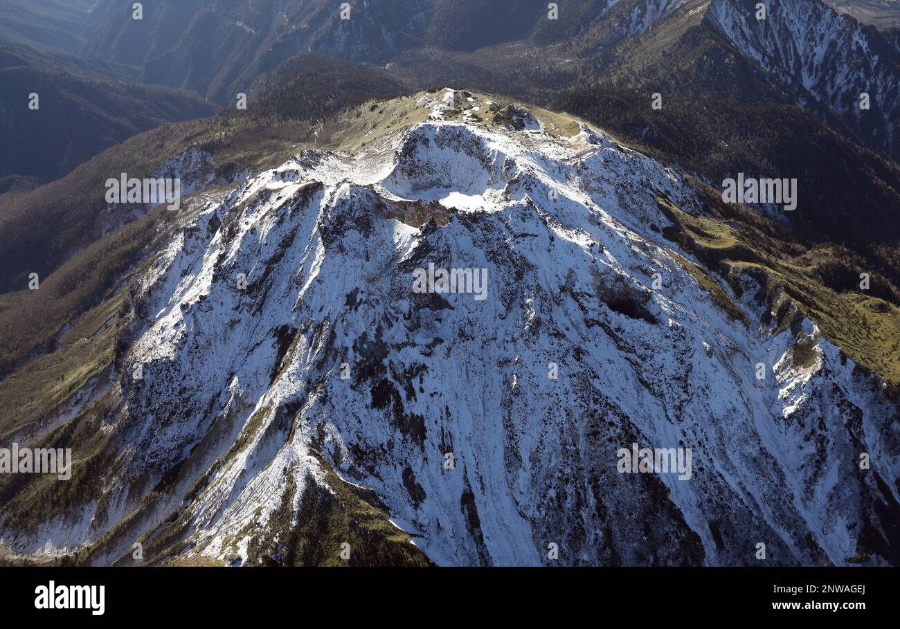An aerial photo shows Mount Yake, Yakedake, lying between Nagano and ...