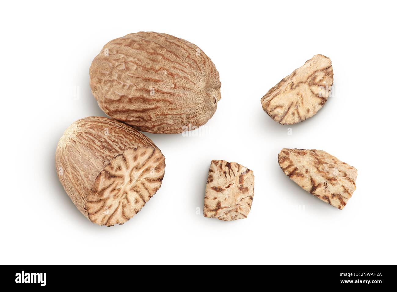 nutmeg isolated on white background with full depth of field. Top view ...