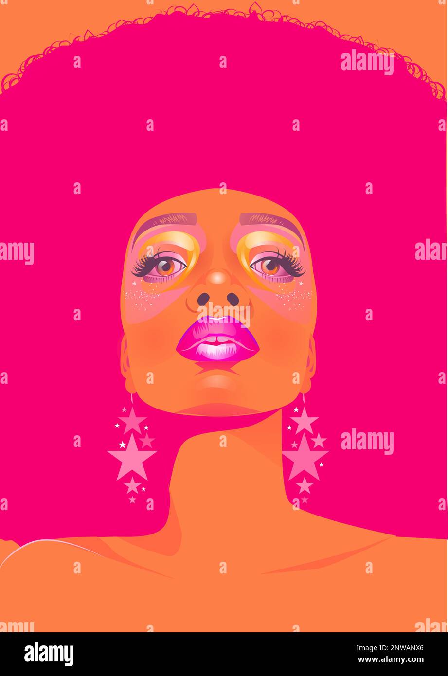 Beautiful woman with afro style curly hair, acid colors. Psychedelic ...