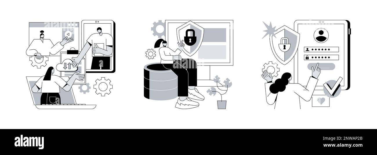 Cloud service access abstract concept vector illustration set. Shared ...