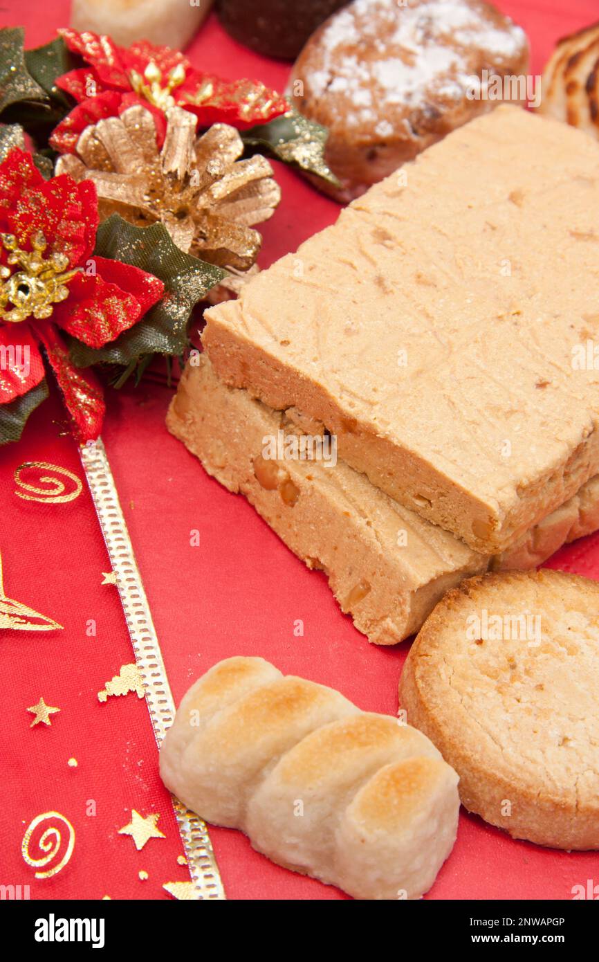 Various types of turron, mazapan, mantecados y polvorones.Typical ...