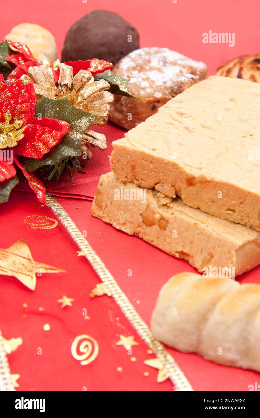 Various types of turron, mazapan, mantecados y polvorones.Typical ...