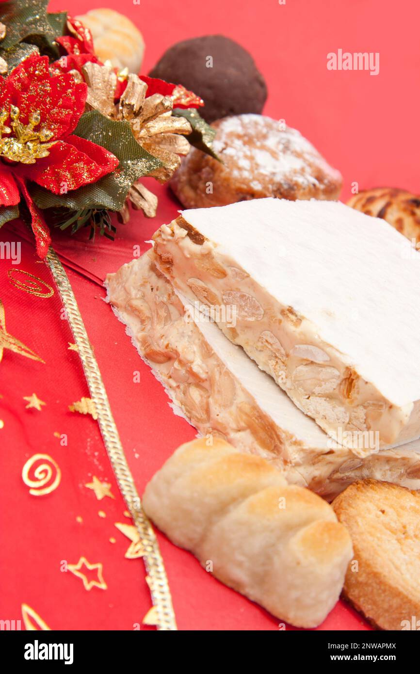 Various types of turron, mazapan, mantecados y polvorones.Typical ...