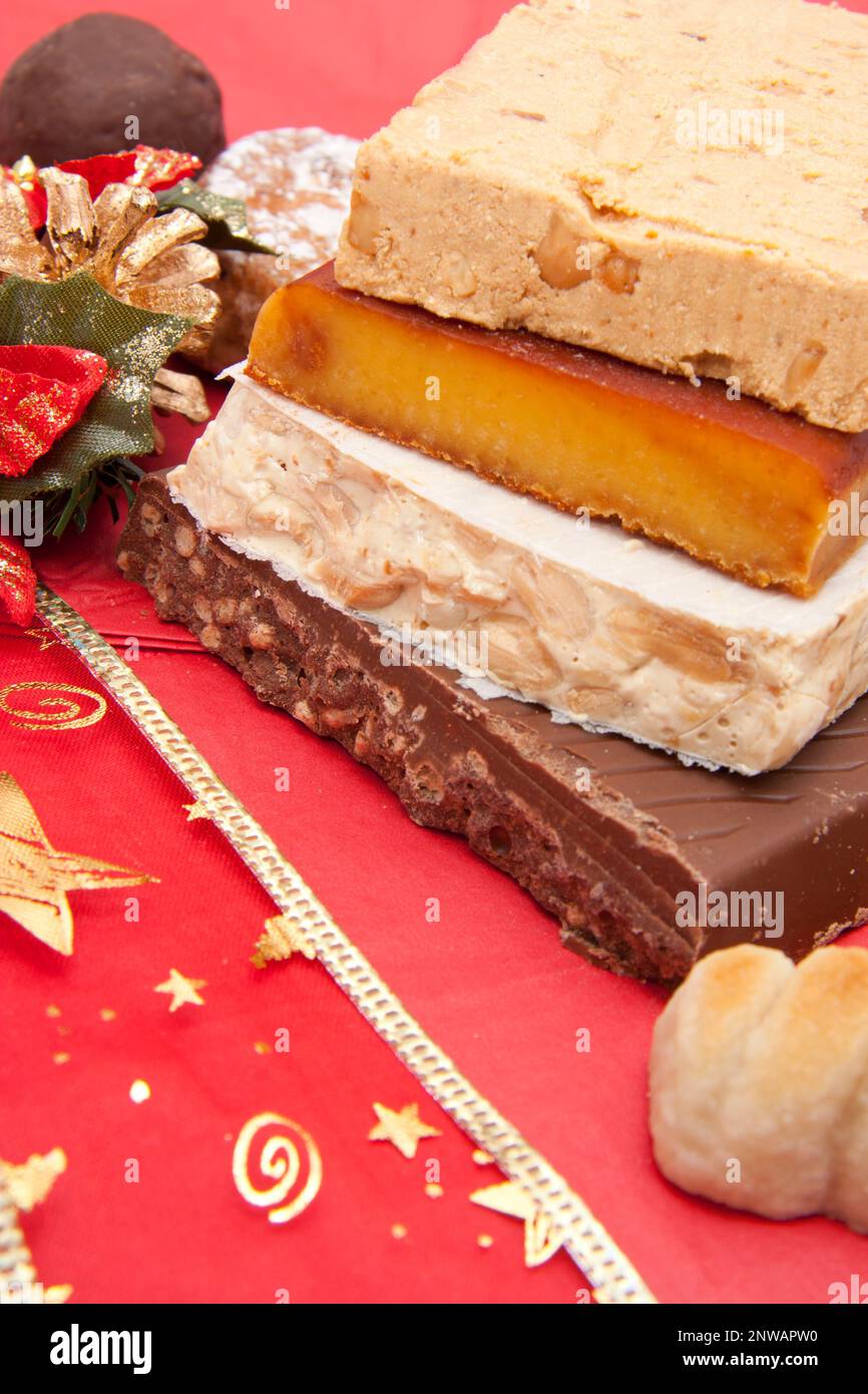 Various types of turron, mazapan, mantecados y polvorones.Typical ...
