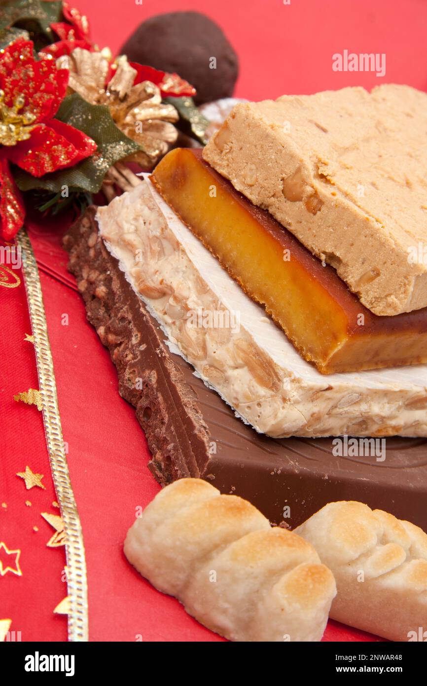 Various types of turron, mazapan, mantecados y polvorones.Typical ...