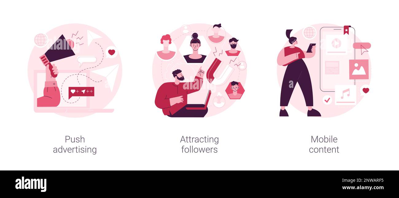 Internet promotion abstract concept vector illustration set. Push ...