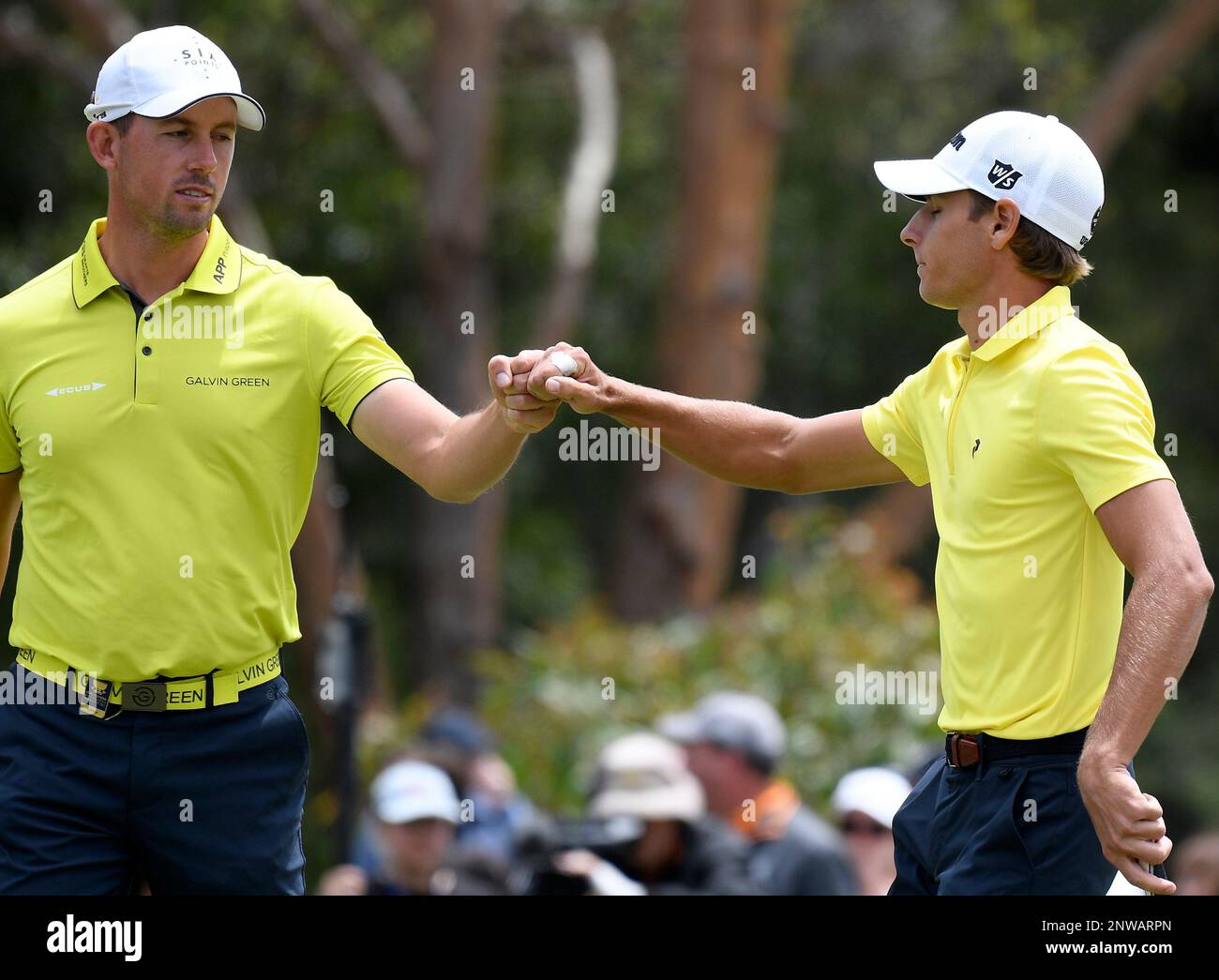 Sweden's Alexander Bjork, left, and Joakim Lagergren fist bump during ...