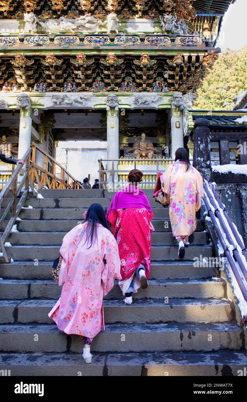 Friends in traditional dress, Toshogu temple, Nikko, Japan Stock Photo ...