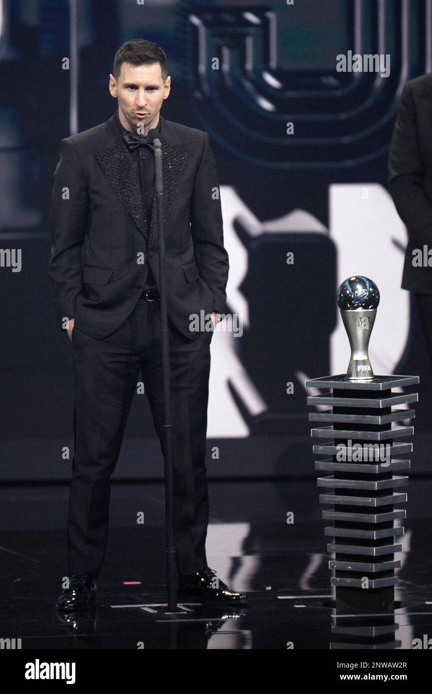 Lionel Messi of PSG receives the FIFA Best Men's player's Trophy during the Best FIFA Football ...