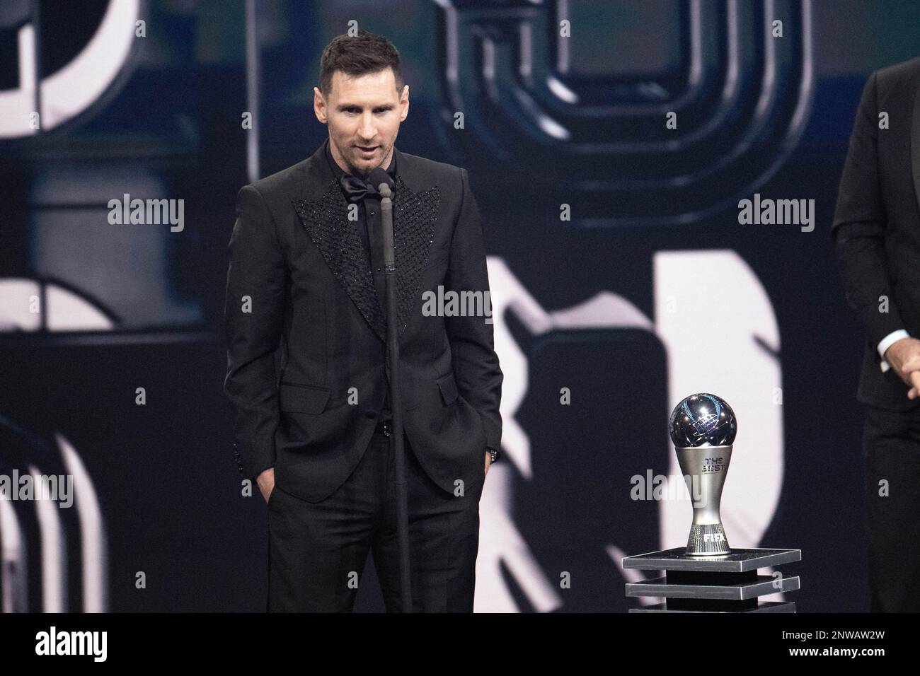 Lionel Messi of PSG receives the FIFA Best Men's player's Trophy during the Best FIFA Football ...