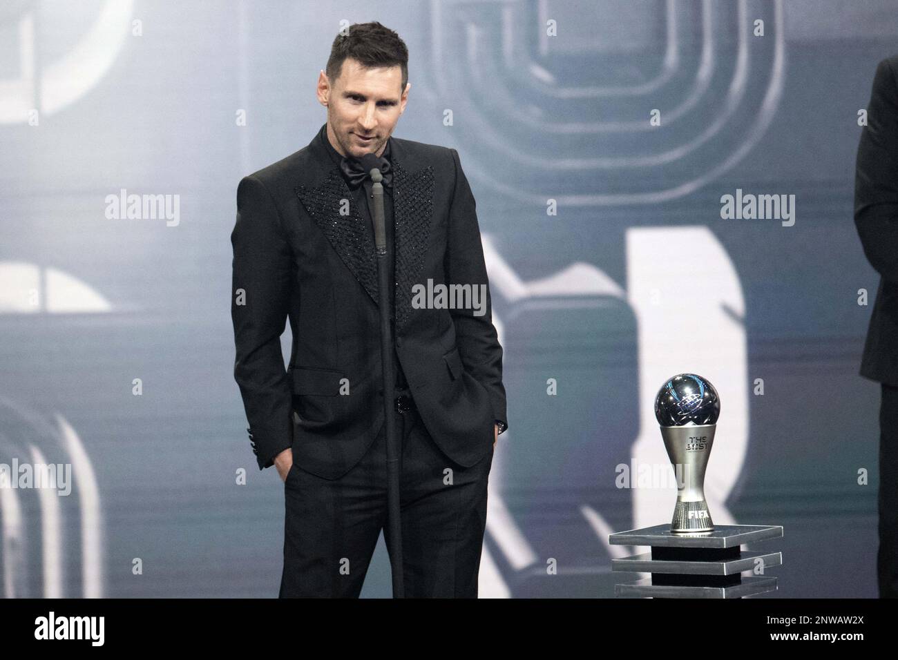 Lionel Messi of PSG receives the FIFA Best Men's player's Trophy during the Best FIFA Football ...