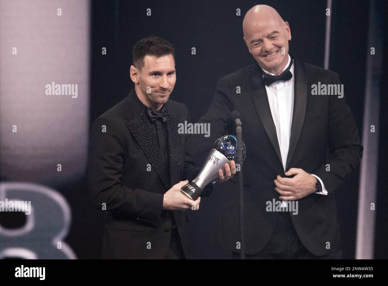 Lionel Messi of PSG receives the FIFA Best Men's player's Trophy during ...