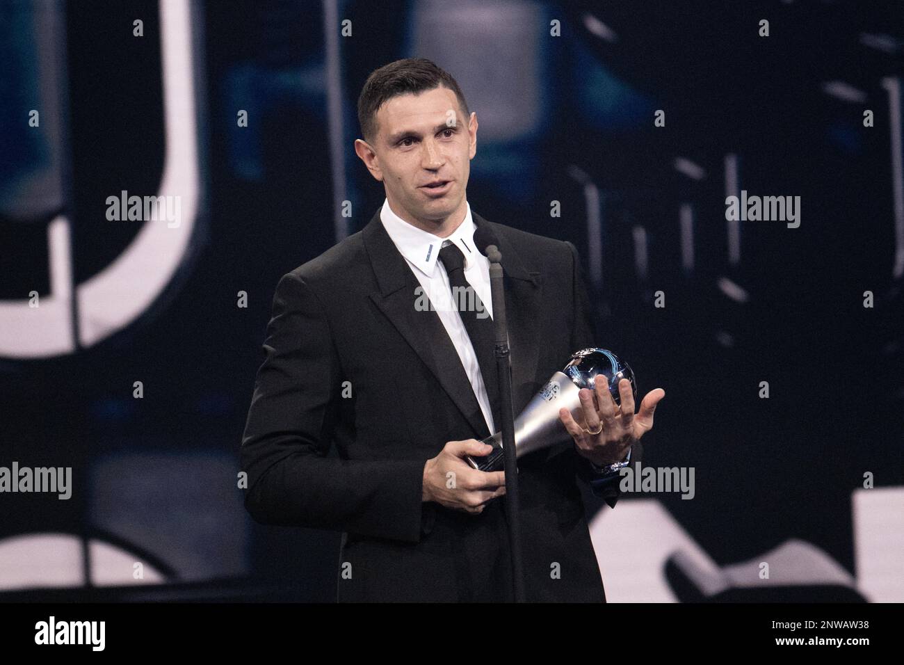 Emiliano Martinez of Argentina receives the best goalkeeper trophy ...