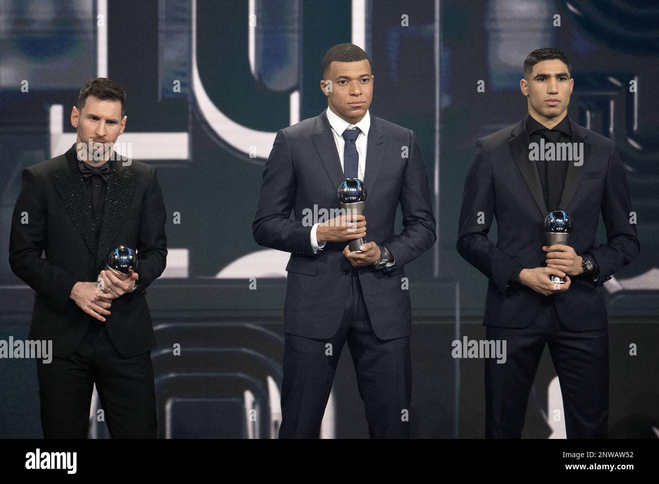 Lionel Messi, Kylian Mbappe and Achraf Hakimi are seen with their ...