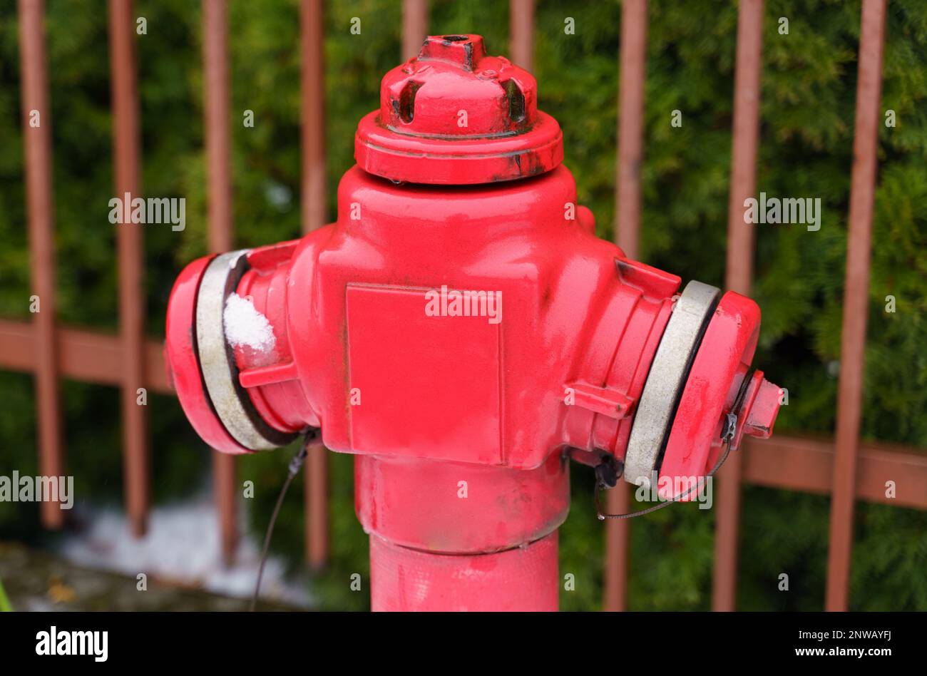 A bright red fire hydrant stands on the street near the fence Stock ...