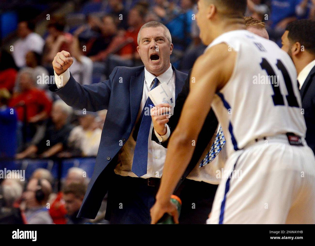 Indiana State head coach Greg Lansing celebrates a turnover by Western ...