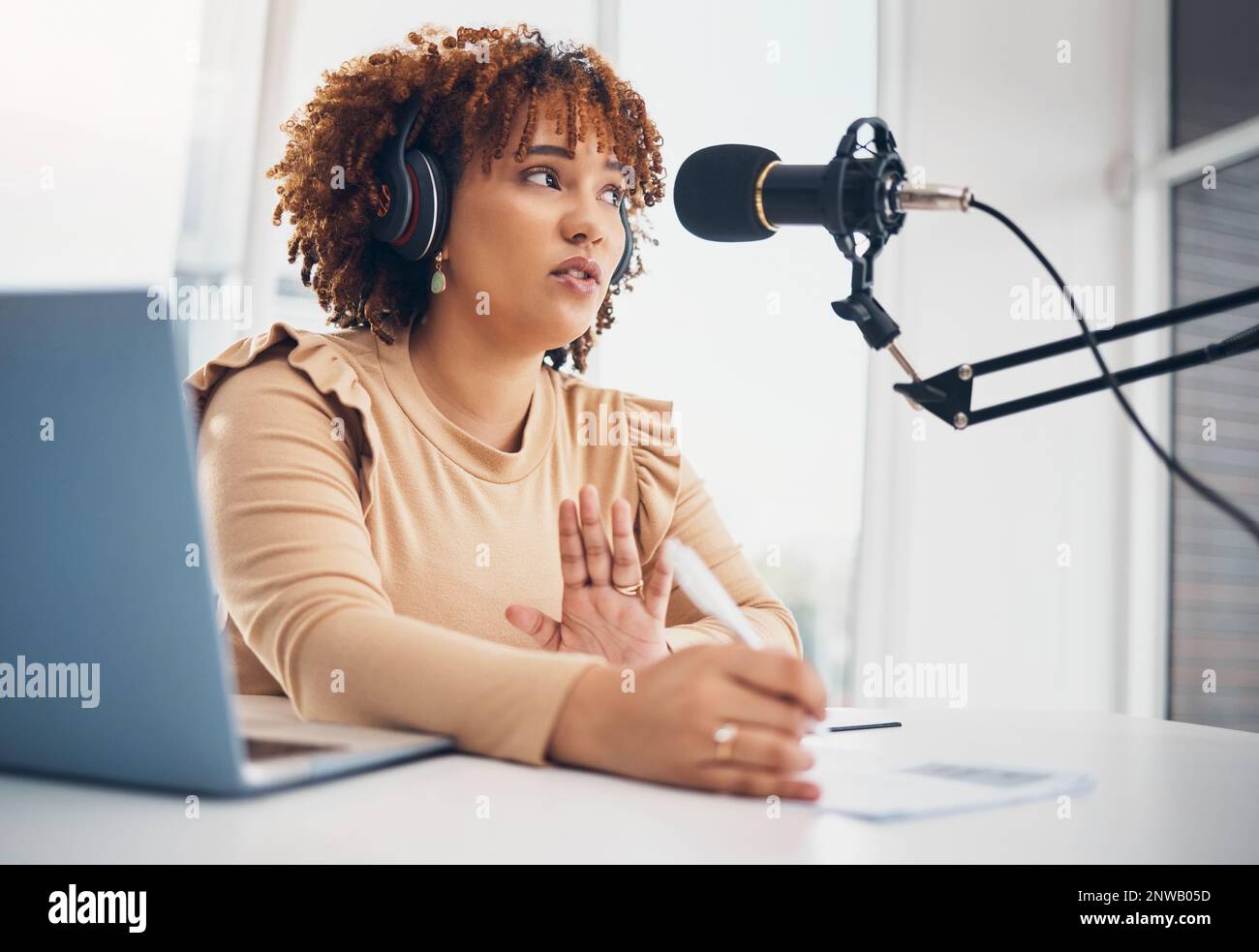 Podcast, microphone and black woman radio broadcast, content creation ...