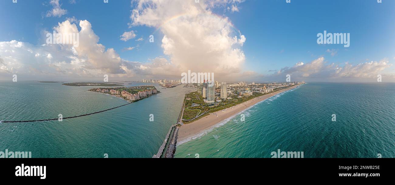 Drone panorama over Miami Beach skyline at dusk Stock Photo - Alamy