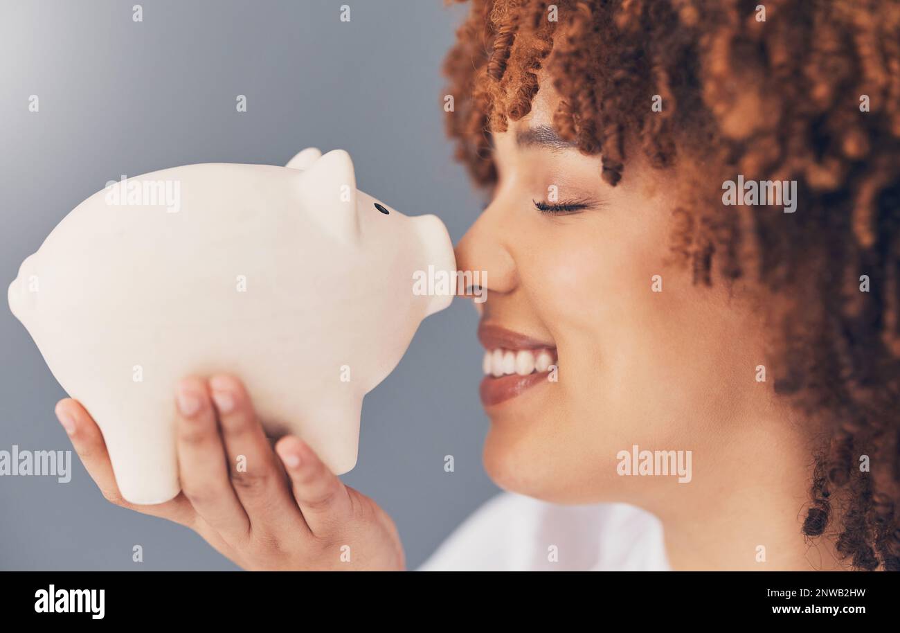 Smile, piggy bank or happy black woman with savings budget or financial ...