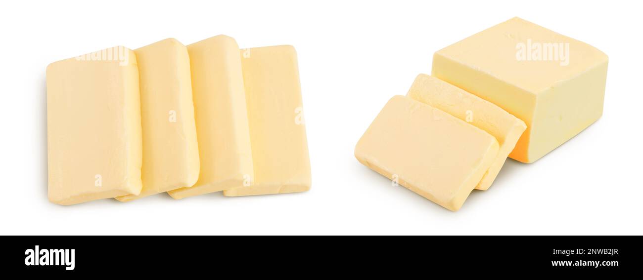 butter slices isolated on white background with full depth of field ...