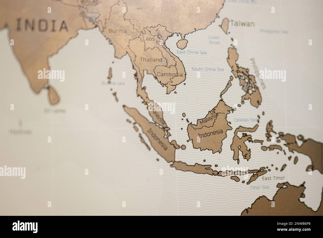 Travel scratch map, view of Indonesia and other Asia transcontinental ...