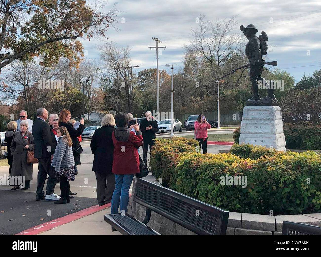 In this Nov. 11, 2018, photo, a crowd gathers next to the restored ...