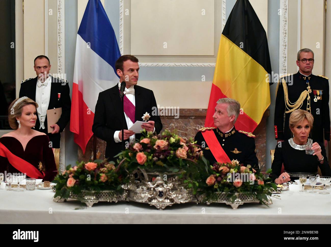 From left, Belgian Queen Mathilde, French President Emmanuel Macron ...