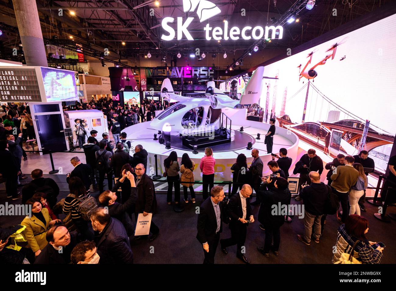 Barcelona, Spain. 28th Feb, 2023. The SK telecom stand during the Mobile World Congress 2023 in ...