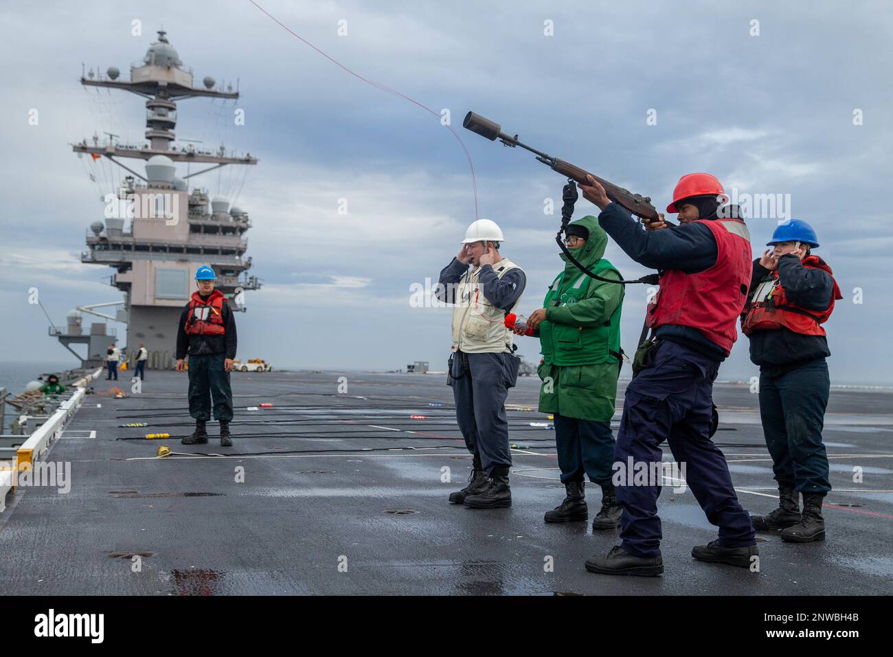 Sailors assigned to the first-in-class aircraft carrier USS Gerald R ...