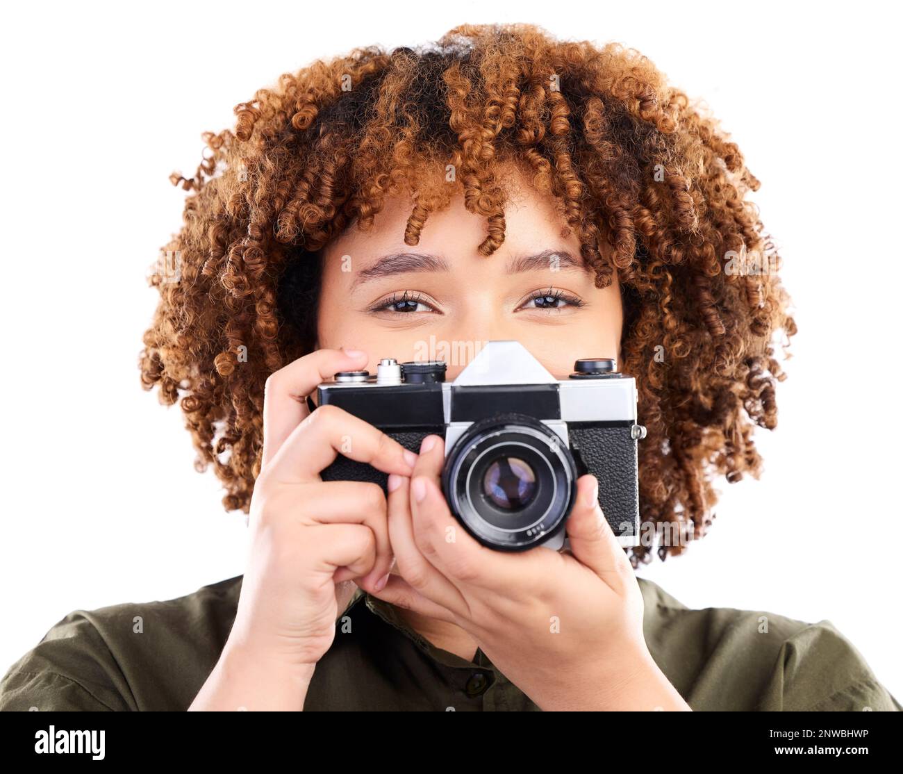 Portrait, photography and black woman using camera taking picture or ...