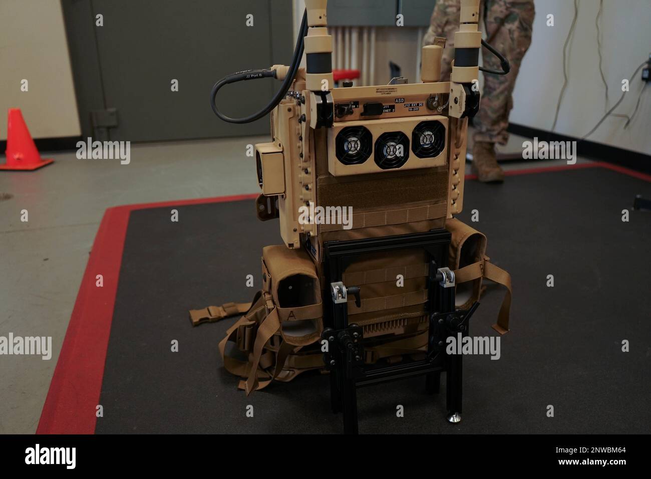 An I1B1 backpack rests on a vertical stand system made by team members ...