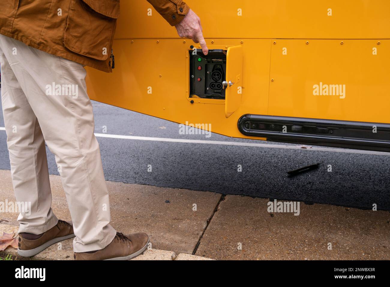 The charging port of a new electric school bus at John Lewis Elementary ...