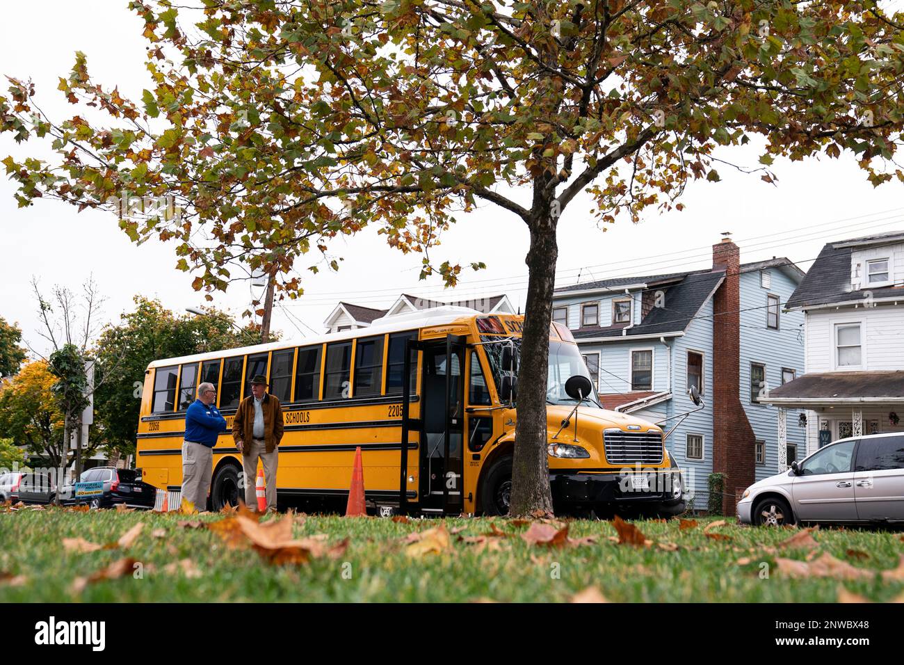 A new electric school bus at John Lewis Elementary School in Washington ...