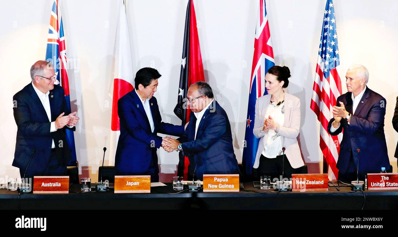 (L-R) Australia's Prime Minister Scott Morrison, Japan's Prime Minister ...