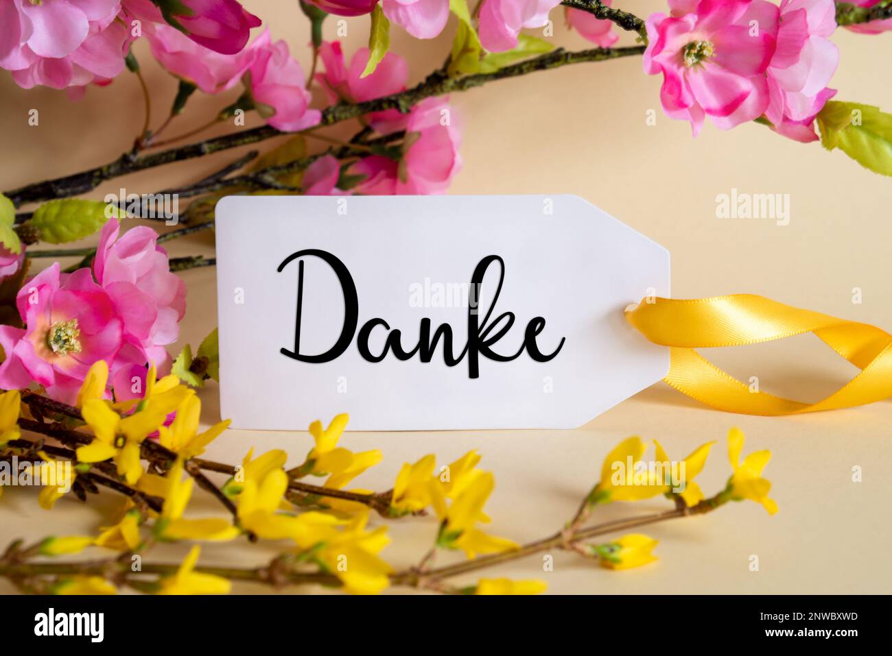 Spring Flower Decoration, Label With Danke Means Thank You Stock Photo ...