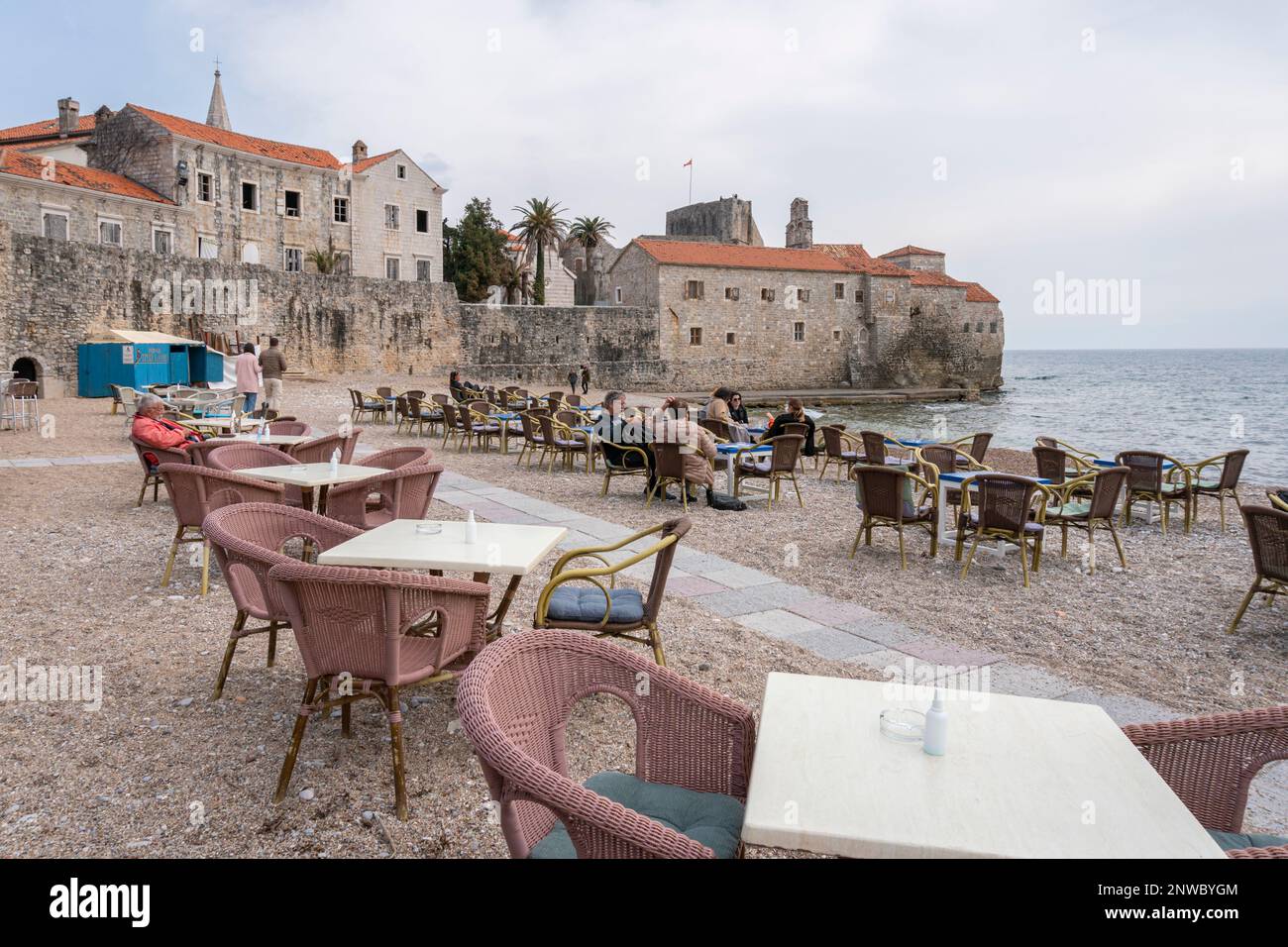 Cafes and bars on the beach in the old town of Budva, Montenegro Stock ...