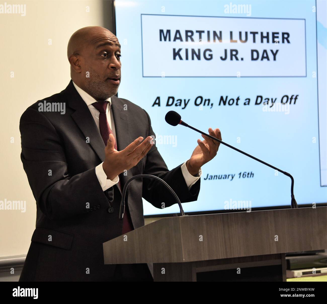 Paul T. Smaw, USAG Ft Hamilton Safety Manager delivers remarks as the ...