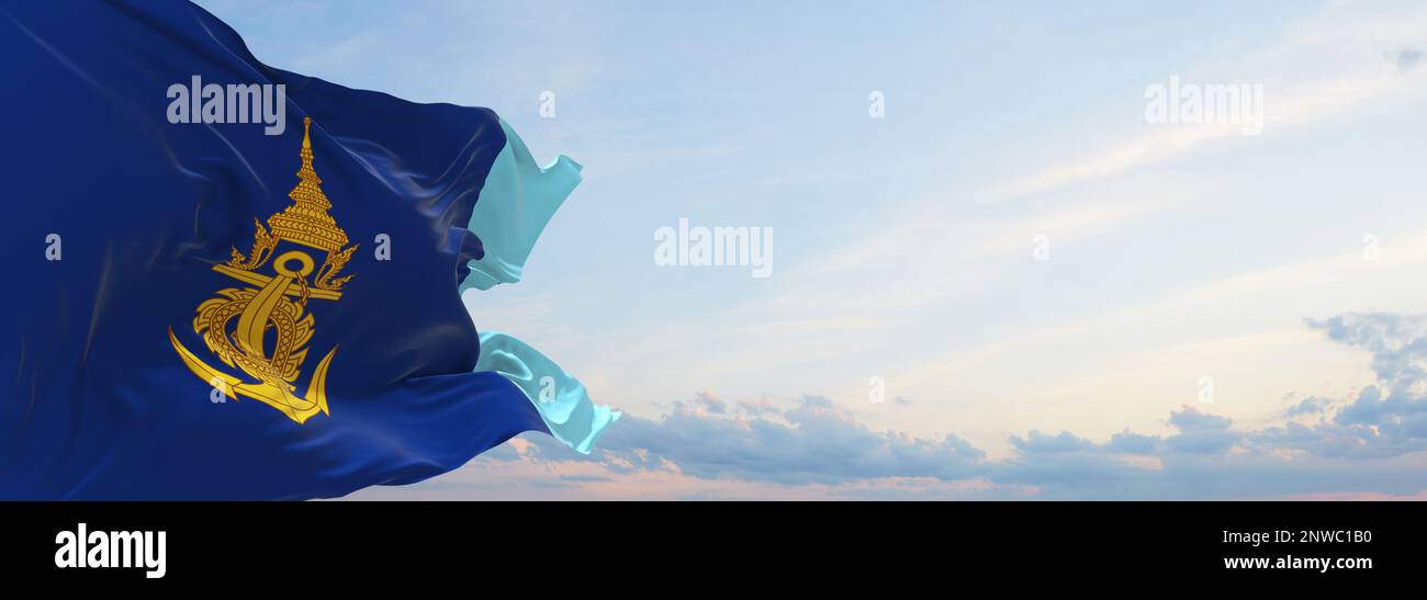 official flag of Navy Base Commander Thailand at cloudy sky background ...