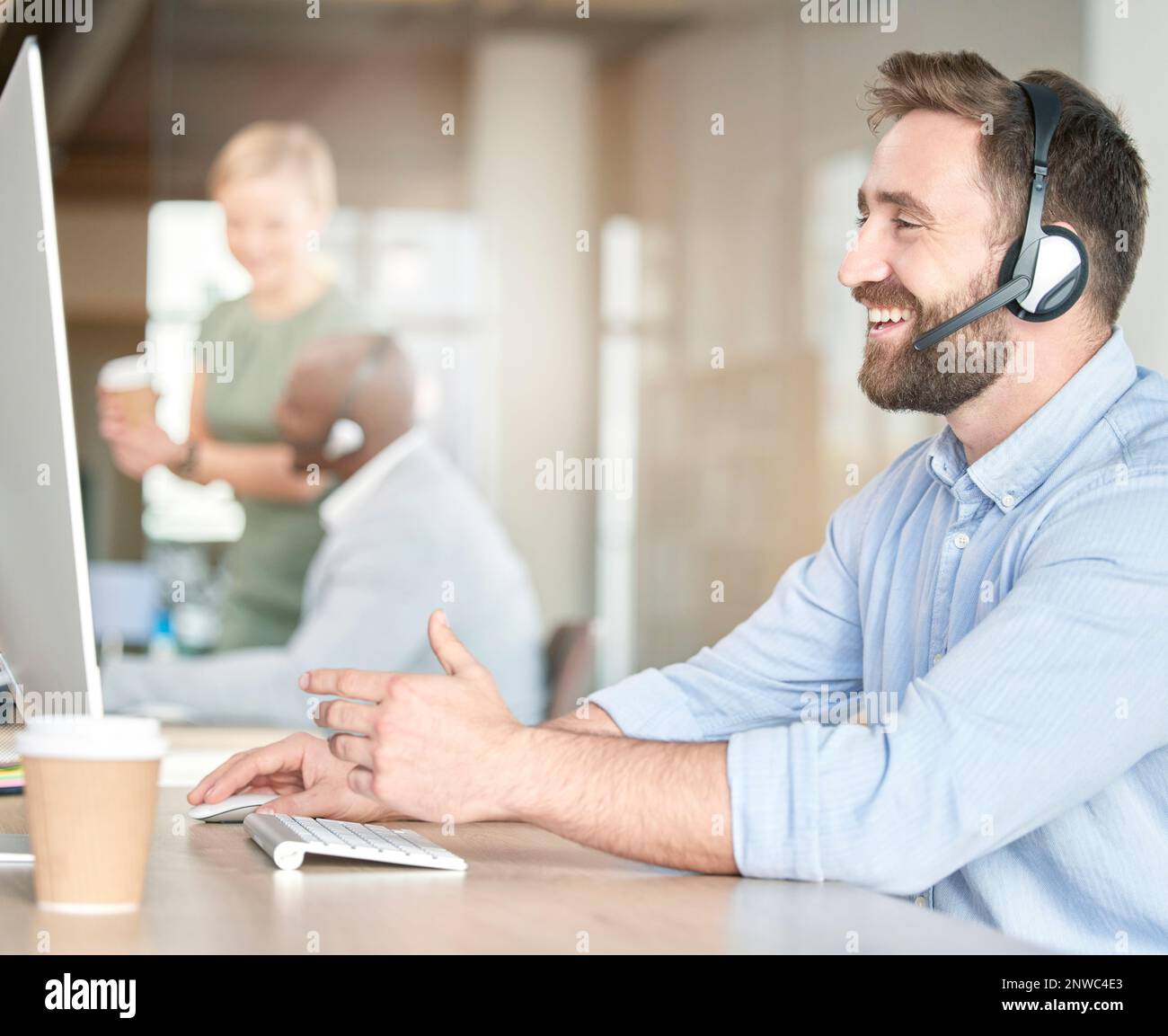 Call center consulting, ecommerce and happy man telemarketing on ...