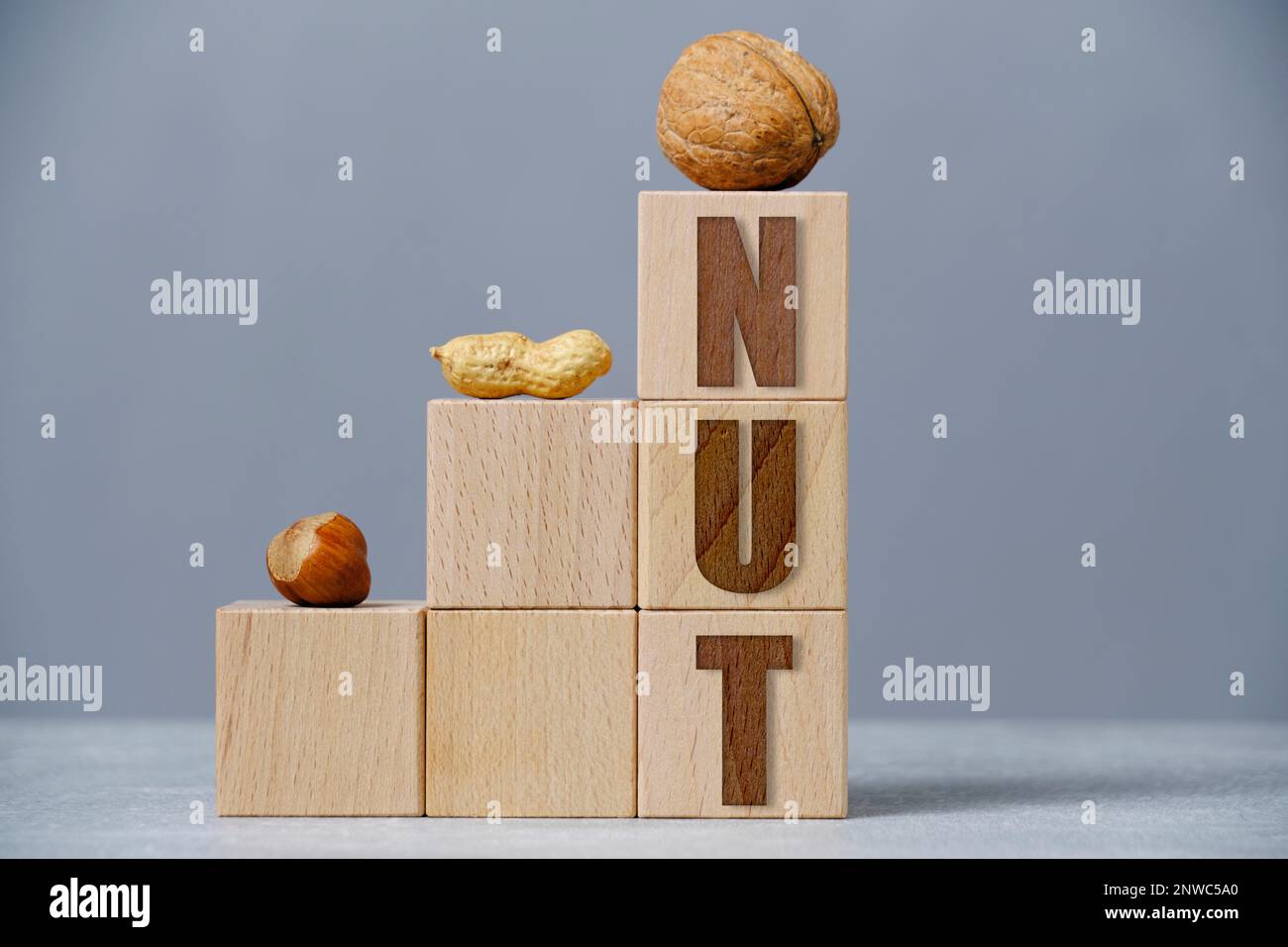 Peanut, hazelnut and walnut are laid out on wooden cubes gray ...