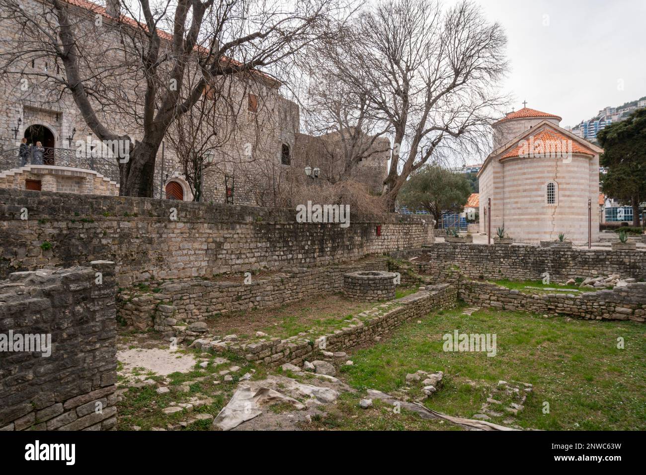 Ancient Basilica ruins in the Old Town of Budva, Montenegro Stock Photo ...