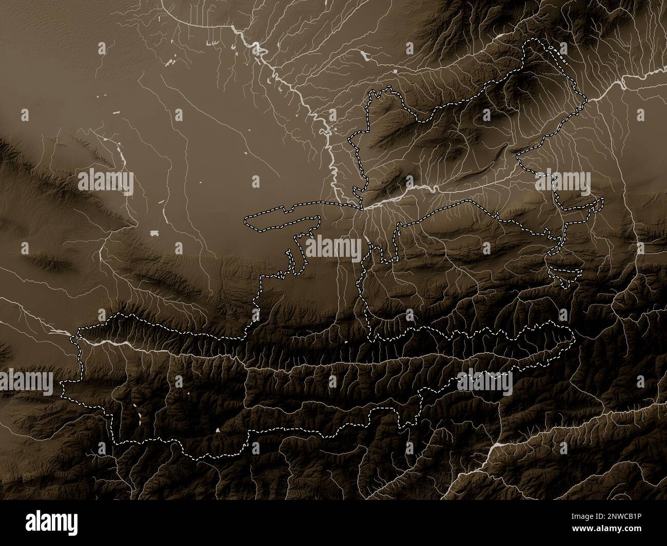 Sughd, region of Tajikistan. Elevation map colored in sepia tones with ...