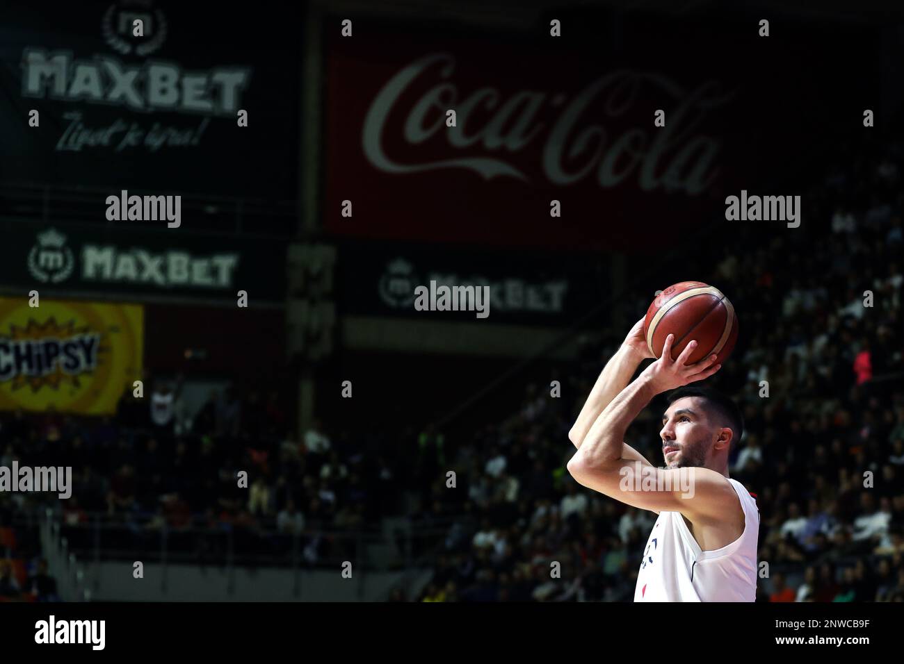 Belgrade, Serbia, 27 February 2023. Ognjen Dobric of Serbia shoots for ...